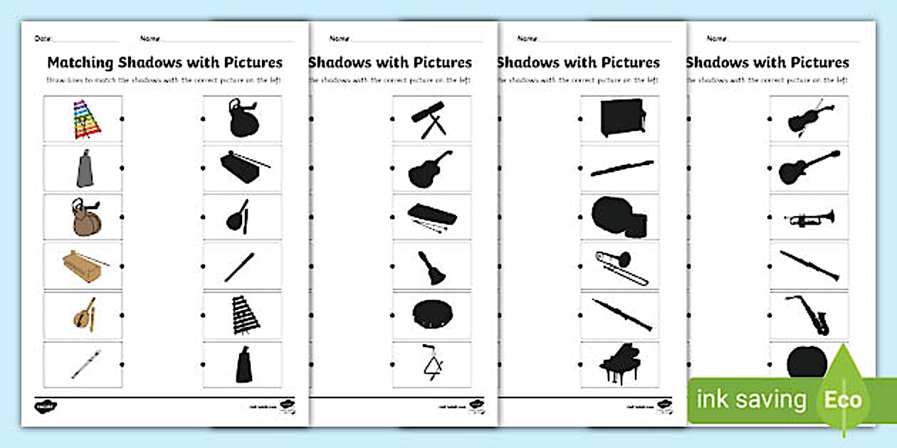 Black and White Music Shadow Matching Worksheet - Twinkl