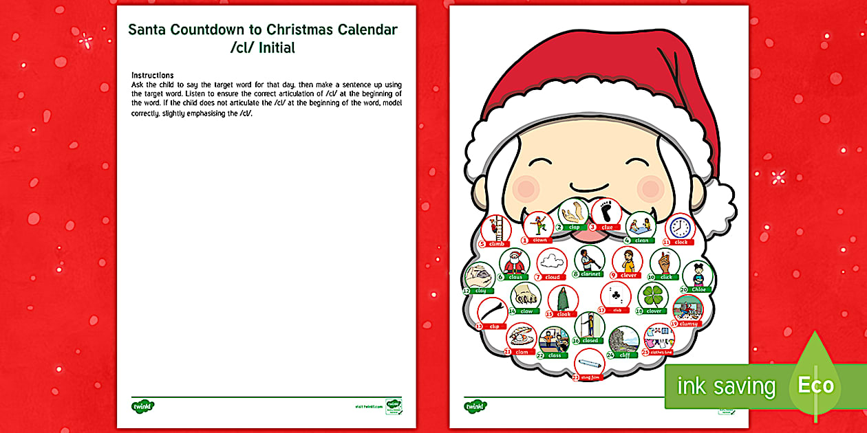 Santa Countdown to Christmas Calendar /cl/ Initial Worksheet