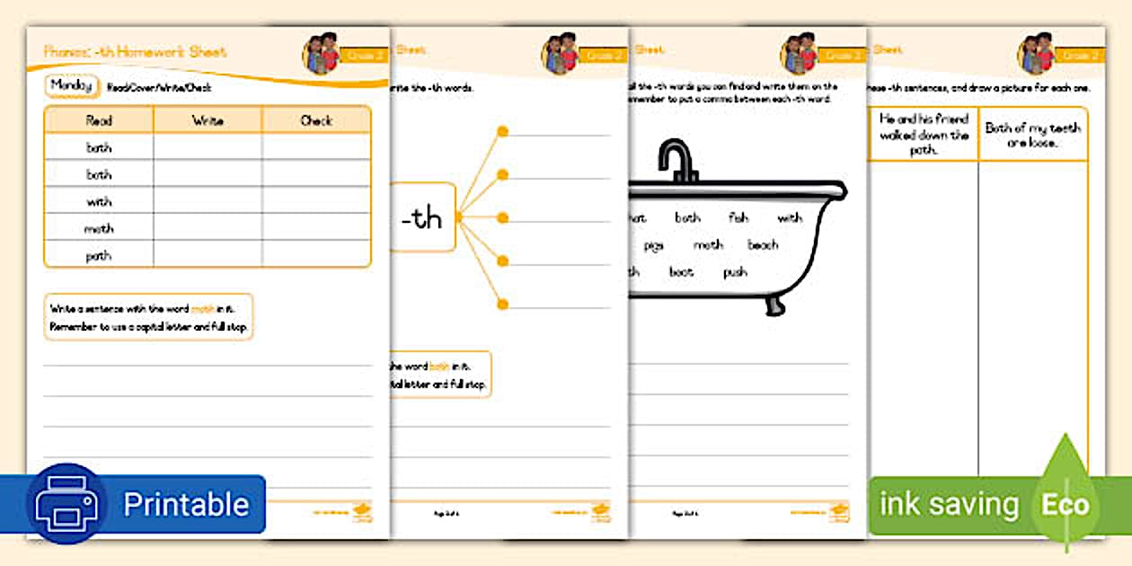 Grade 2 Phonics: -th Homework Sheet (teacher made) - Twinkl