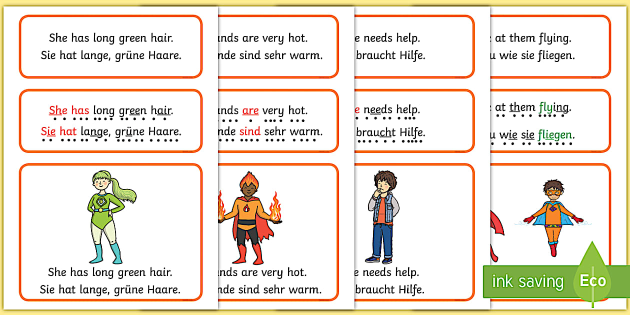 Superhero Simple Sentence Cards English/German - Twinkl