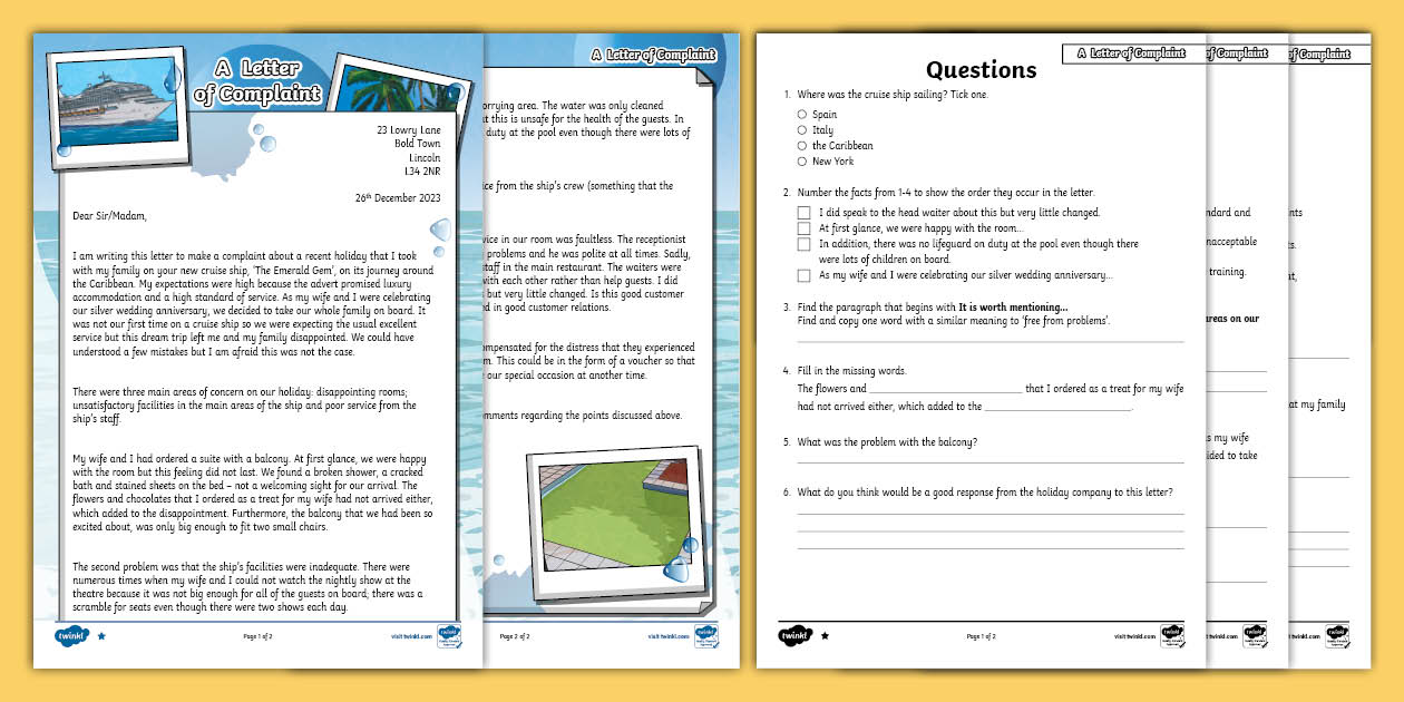 UKS2 Holiday Complaint Letter Differentiated Reading Comprehension Activity