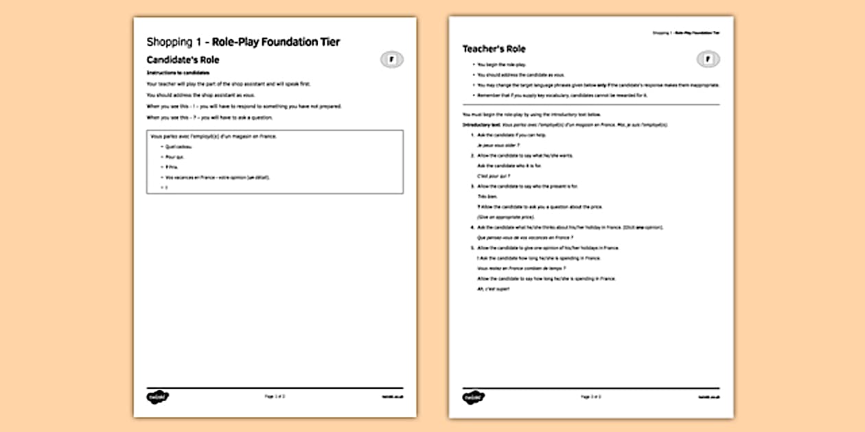 Shopping 1 GCSE Foundation Tier Role-Play French - Twinkl