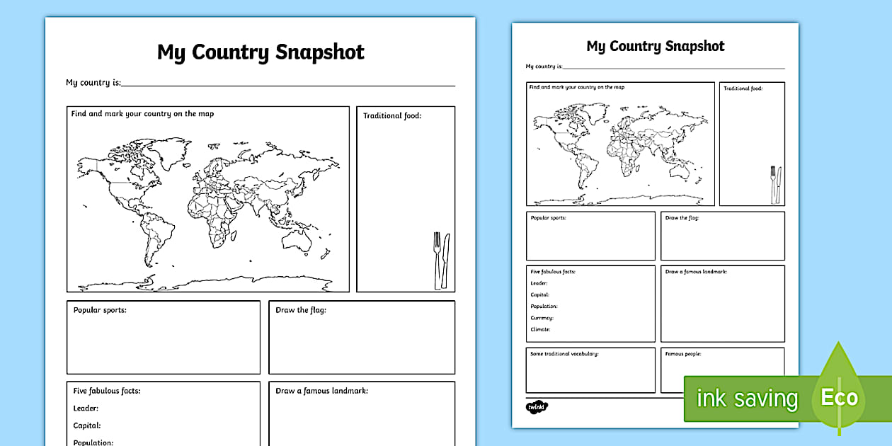 Editable Blank Country Snapshot Template Worksheet - Twinkl