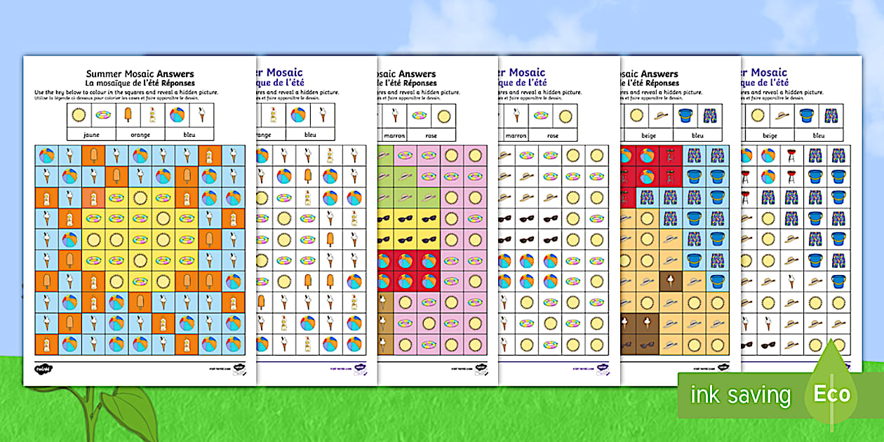 Black and White Summer Mosaic Images Worksheets English/French