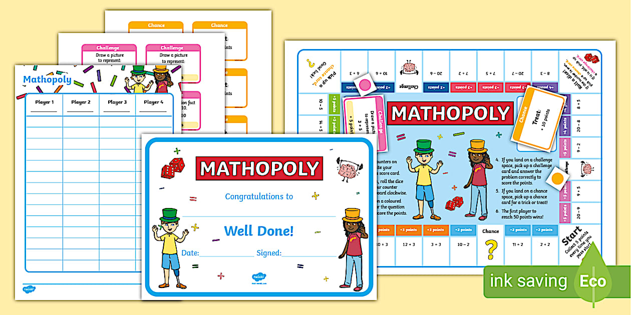 Addition and Subtraction within 20 Mathopoly Board Game