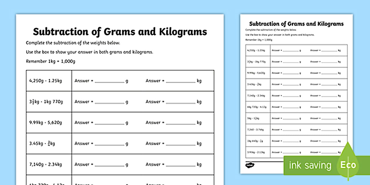 Subtraction of Grams and Kilograms Worksheet (Teacher-Made)
