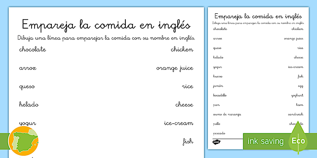 A1 Ficha de actividad: Emparejar comida - Inglés - Twinkl