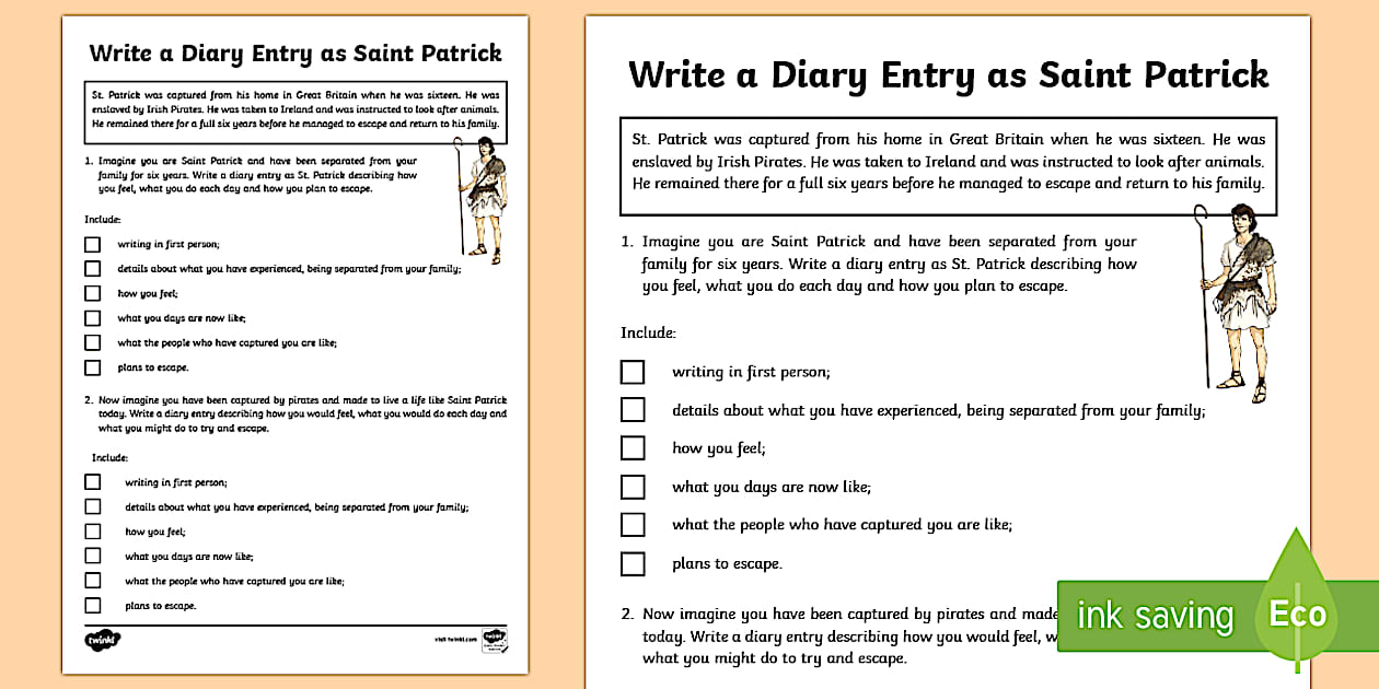 Black and White Saint Patrick Diary Writing Worksheet