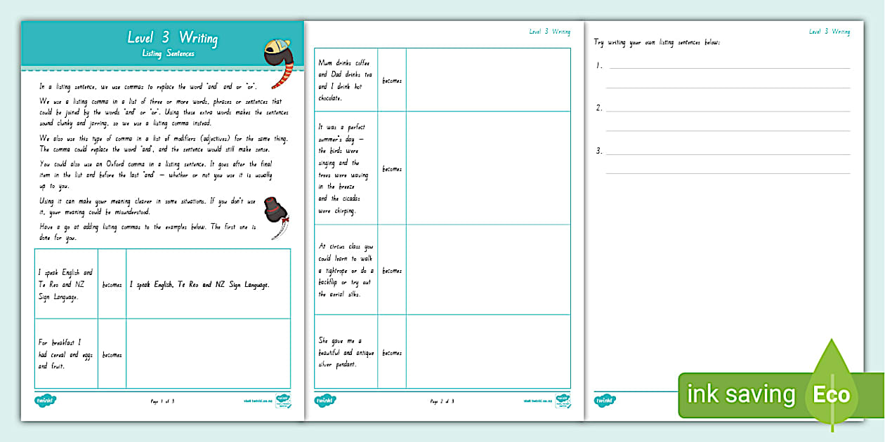 Level 3 Writing - Listing Sentences Worksheet (Teacher-Made)