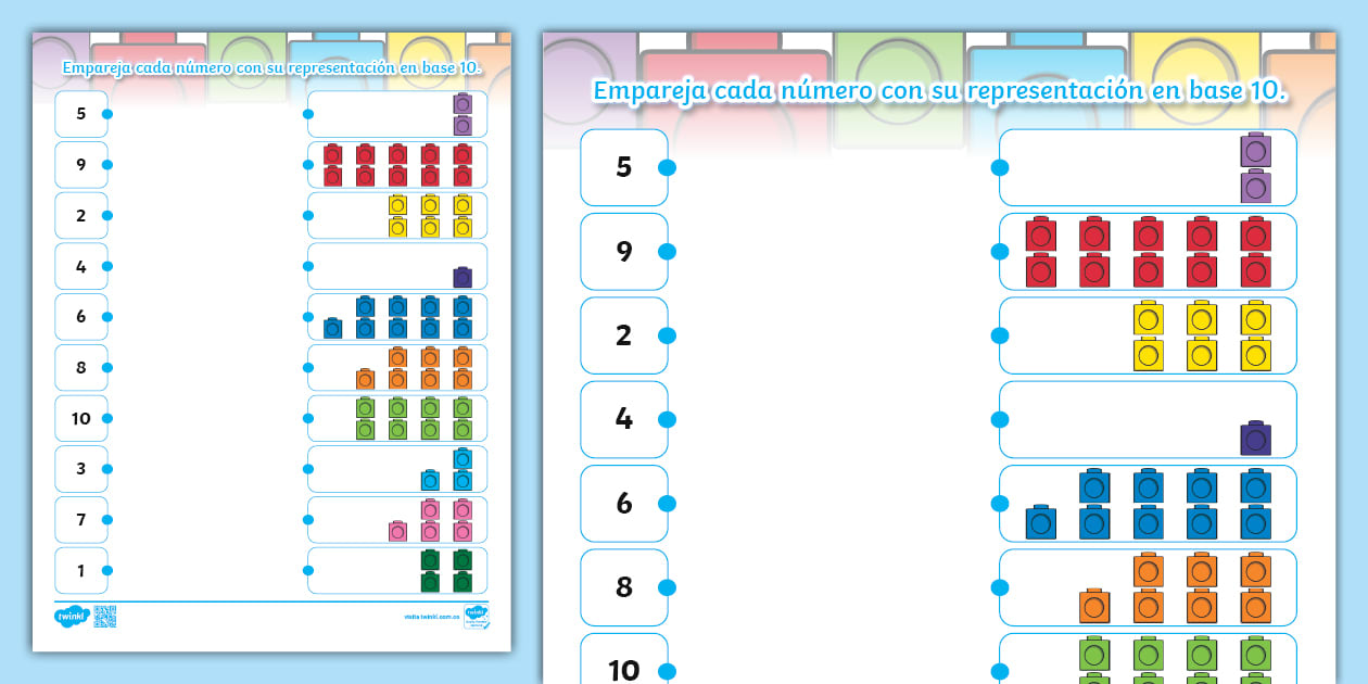 Guía de trabajo: Emparejar números con base 10 - Twinkl