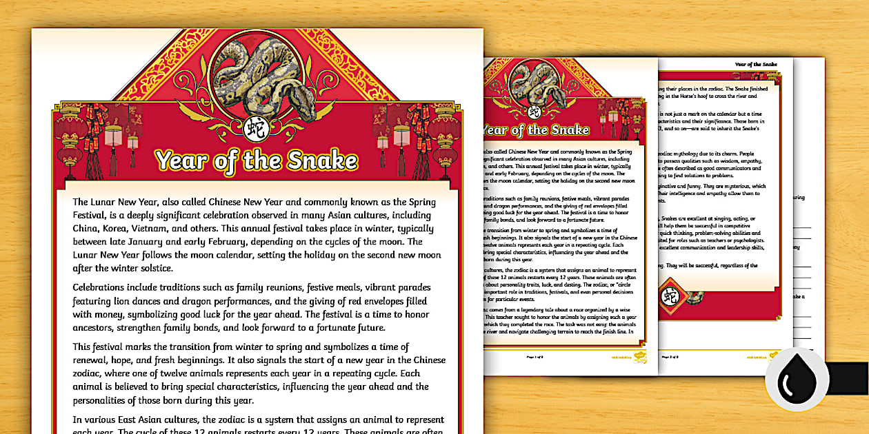 Year of the Snake Reading Comprehension Junior Gr.4-6