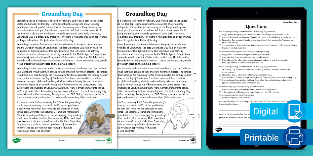 Sixth Grade Groundhog Day Reading Comprehension Worksheet