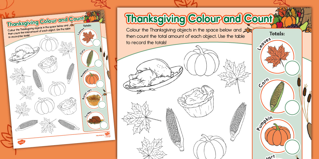 Thanksgiving Colour and Count Worksheet - Twinkl