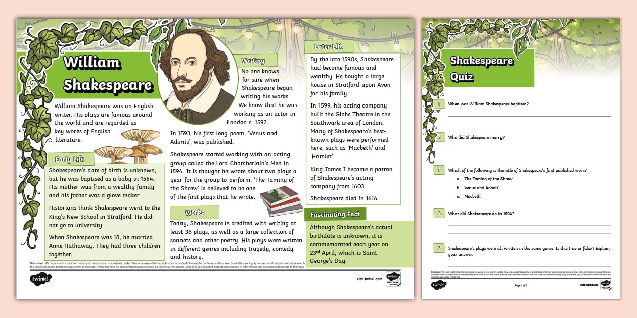 Shakespeare Fact File and Quiz - KS2 (Teacher-Made) - Twinkl