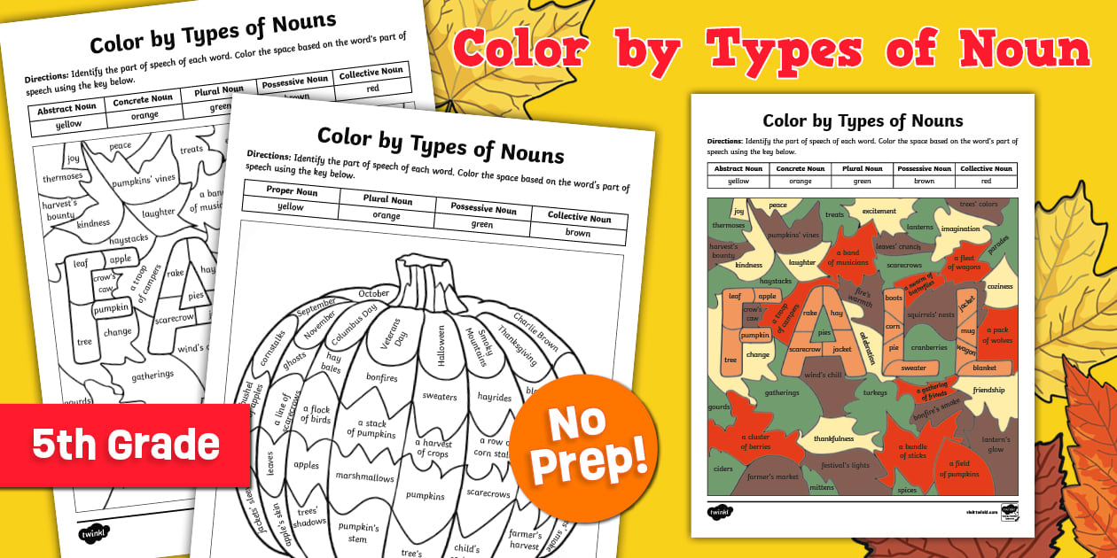 Fifth Grade Fall Color by Types of Noun Worksheets - Twinkl