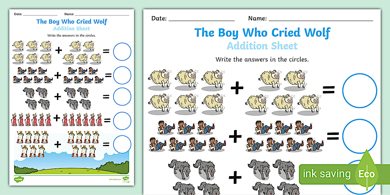 The Boy Who Cried Wolf Up to 20 Addition Sheet - Aesop's fables