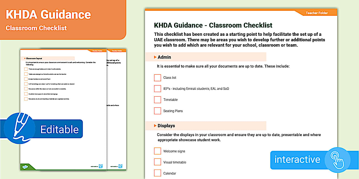 KHDA Guidance - Classroom Checklist (teacher made) - Twinkl