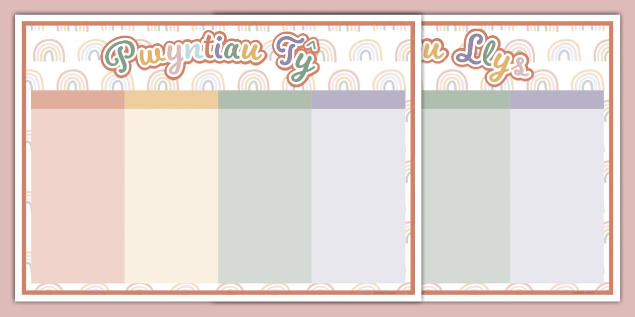 Taflen Gofnodi Pwyntiau Tŷ/Llys ar Thema Enfys - Twinkl