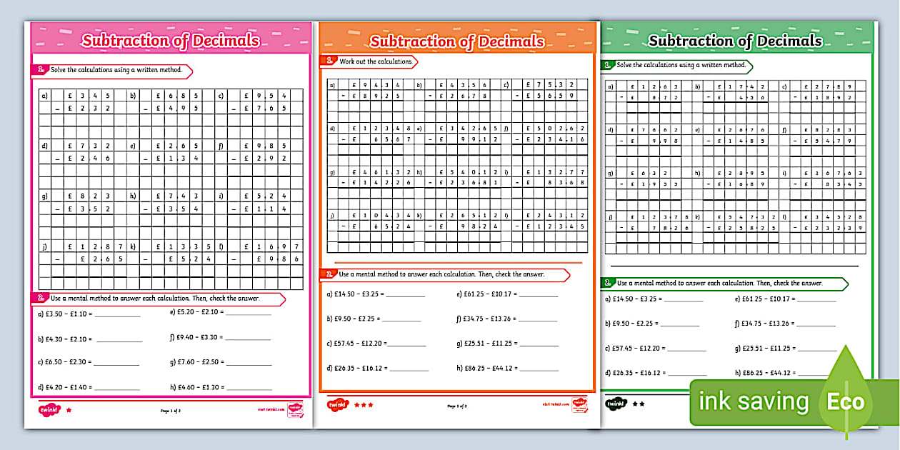 KS2 Subtraction of Decimals Worksheets Primary Resources