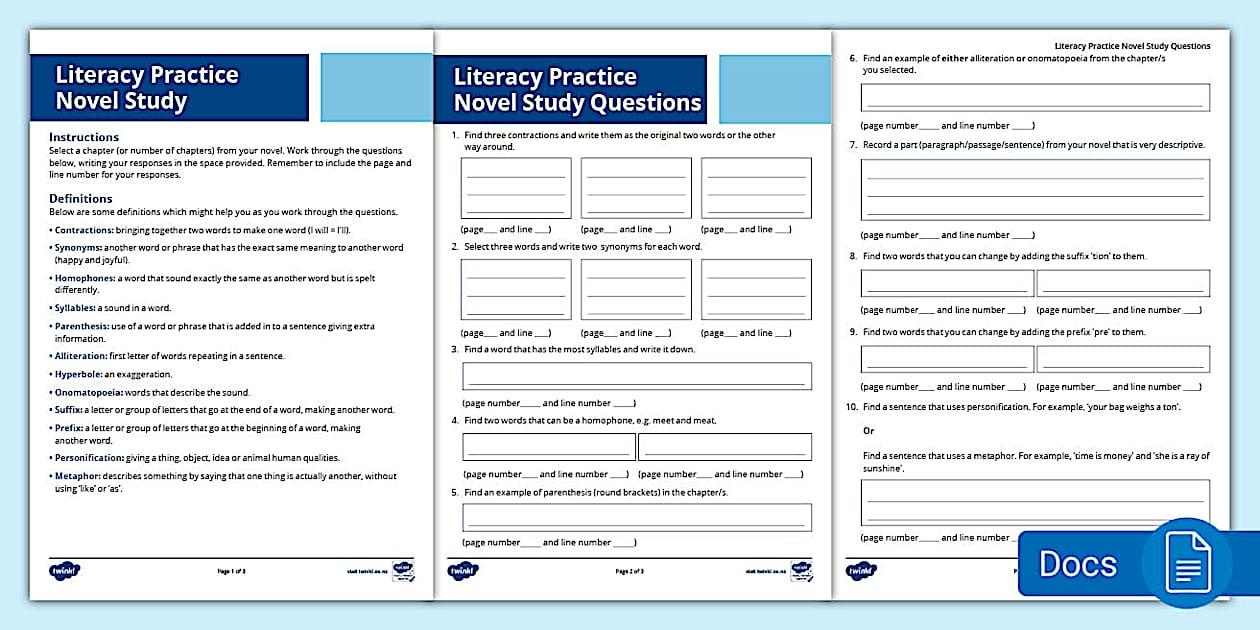 Year 7 and 8 Literacy Practice Novel Study - Twinkl
