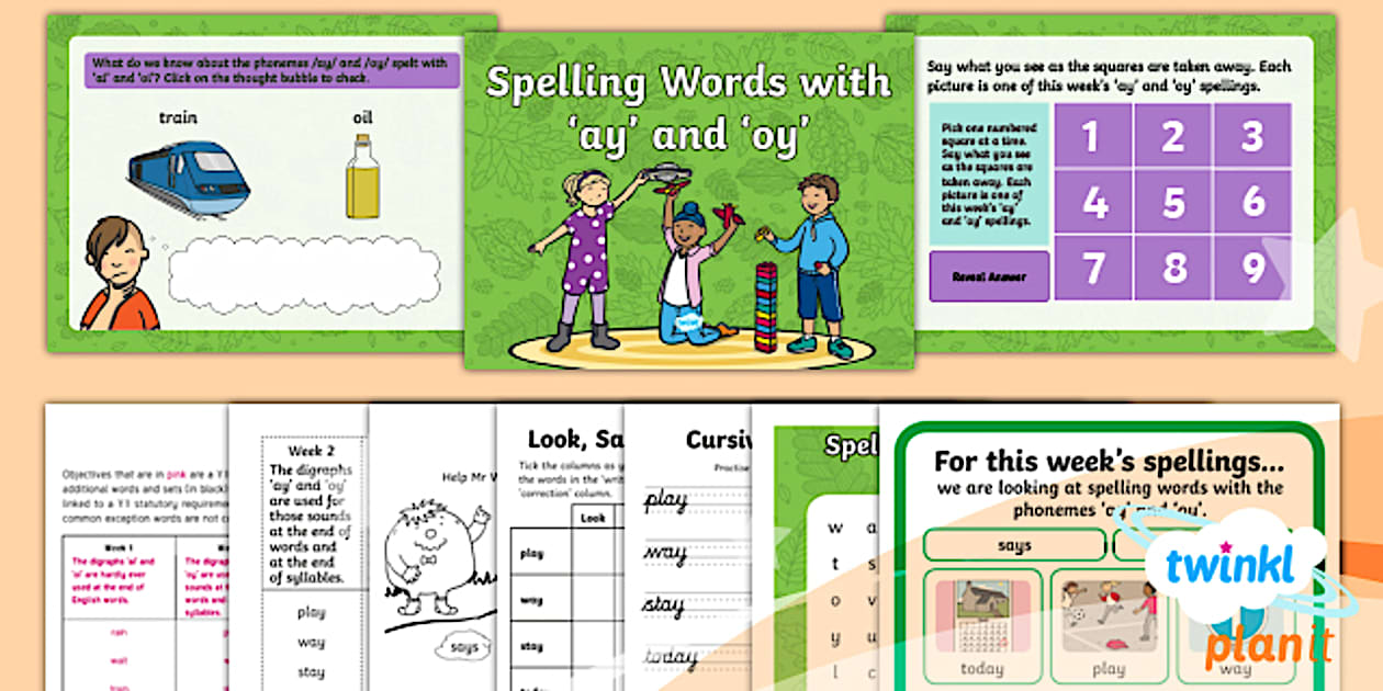 PlanIt Y1 Term 1B W2: 'ay' and 'oy' Spelling Pack
