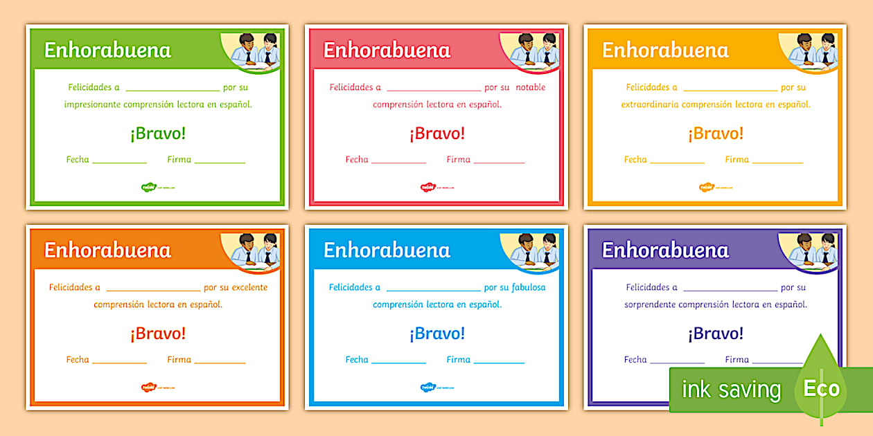 Editable End of Year Reading Comprehension Award Certificates Spanish
