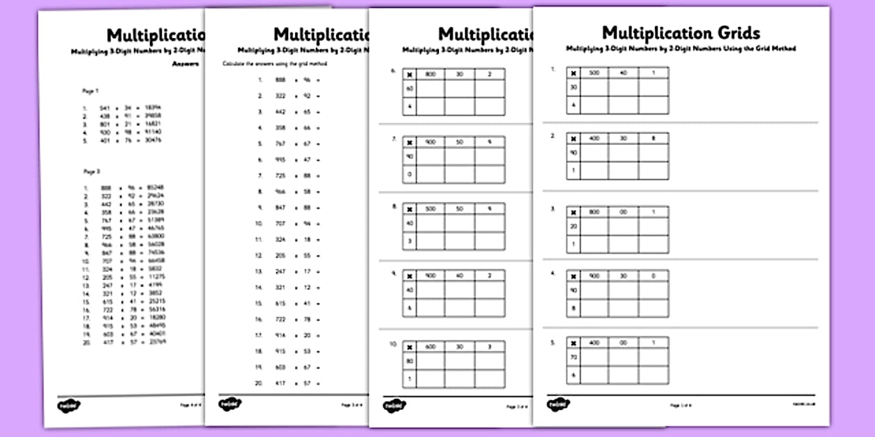 Multiplying 3 Digit Numbers by 2 Digit Numbers Using Grid Method Worksheet