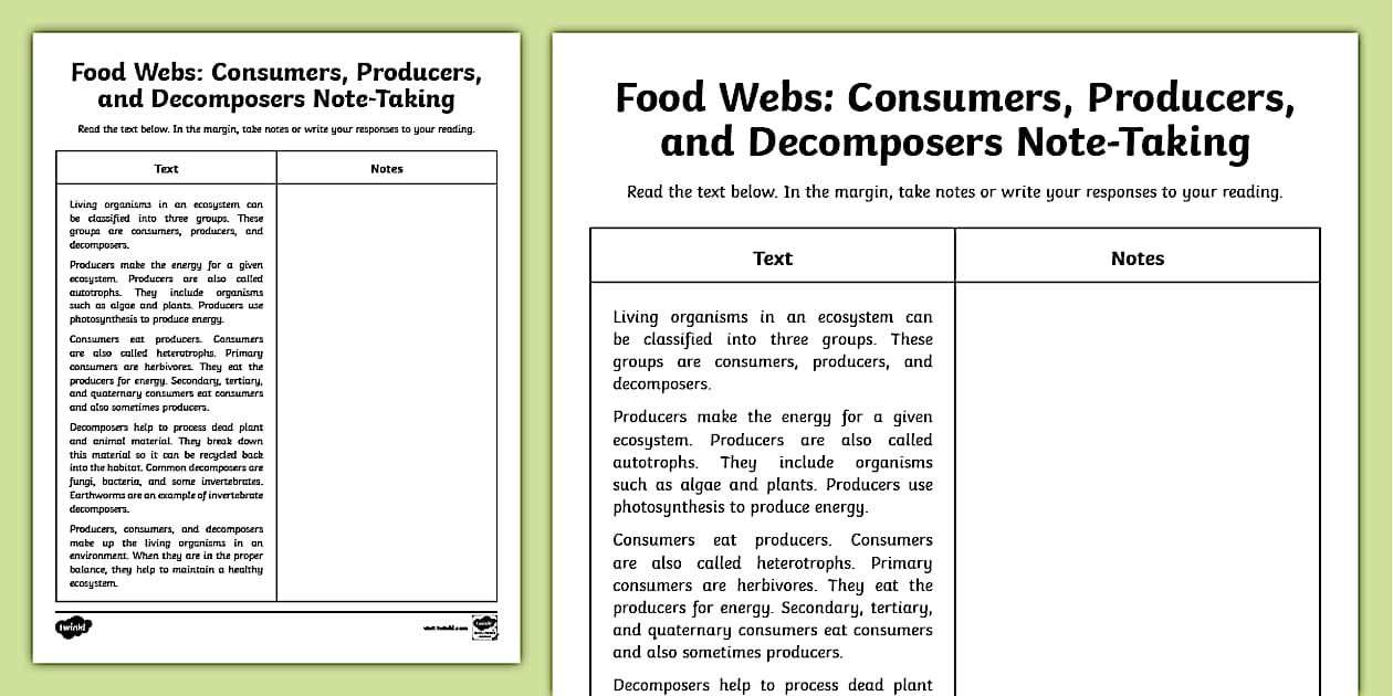 Food Webs: Reading and Note-Taking (Teacher-Made) - Twinkl
