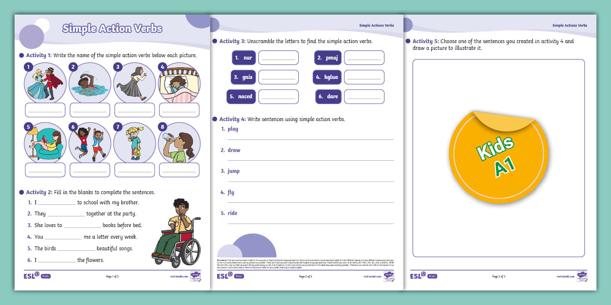 ESL Simple Action Verbs Activity Sheet [Kids, A1] - Twinkl