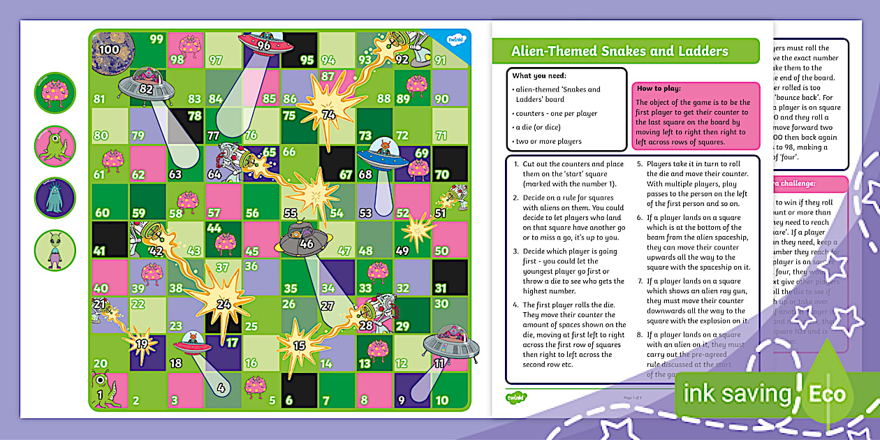 Alien-Themed Snakes and Ladders Game (teacher made) - Twinkl