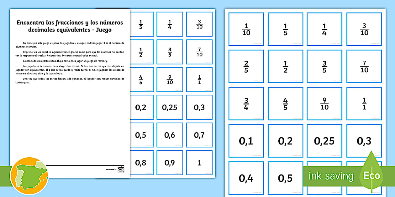 Juego: Fracciones y números decimales equivalentes - Twinkl