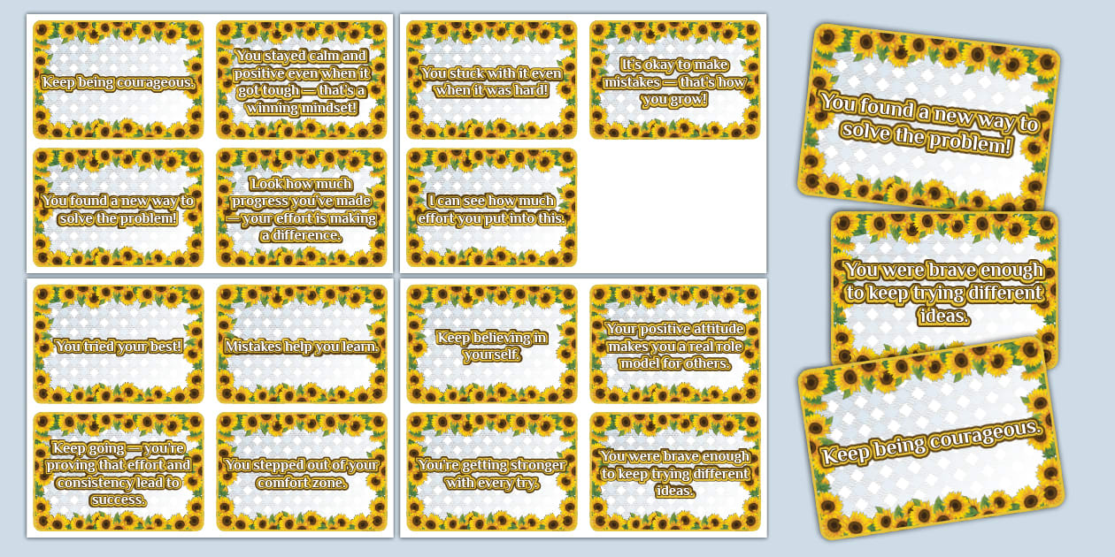 Sunflower-Themed Growth Mindset Praise Cards (teacher made)