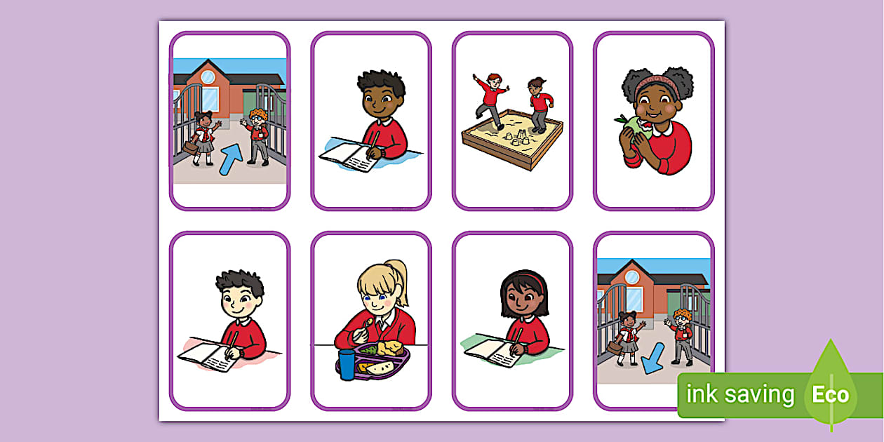 School Sequencing Cards (Teacher-Made) - Twinkl