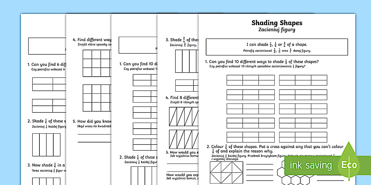 Shade 1/2, 1/4 or 2/4 of a Shape Differentiated Worksheet / Worksheets