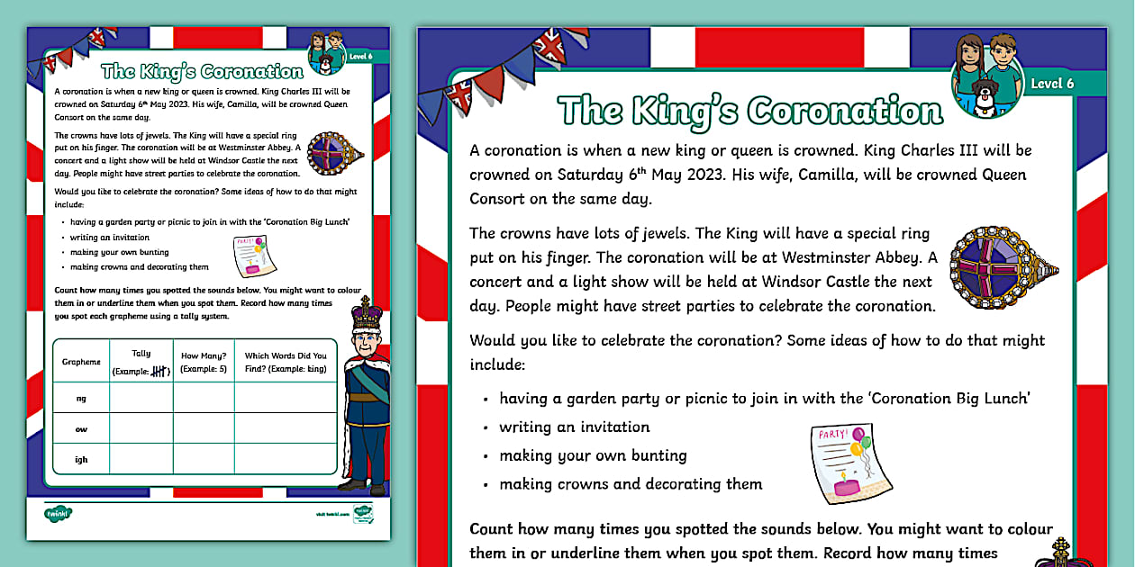 Coronation-themed Sound Spotter Reading Sheet - KS1 - Twinkl