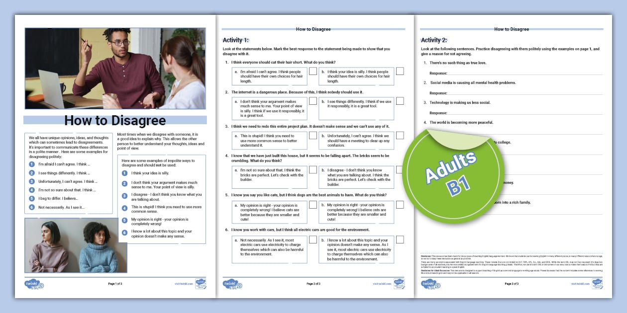 ESL How To Disagree Activity Sheet [Adults, B1] - Twinkl