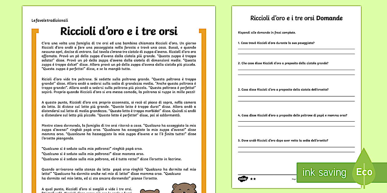 Riccioli d'Oro e i Tre Orsi: Letture Classe Seconda - Twinkl