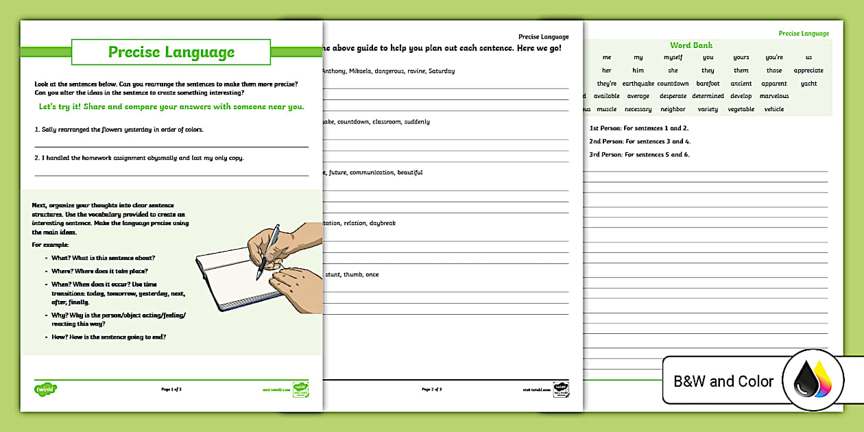 Precise Language Worksheet for 6th-8th Grade (teacher made)