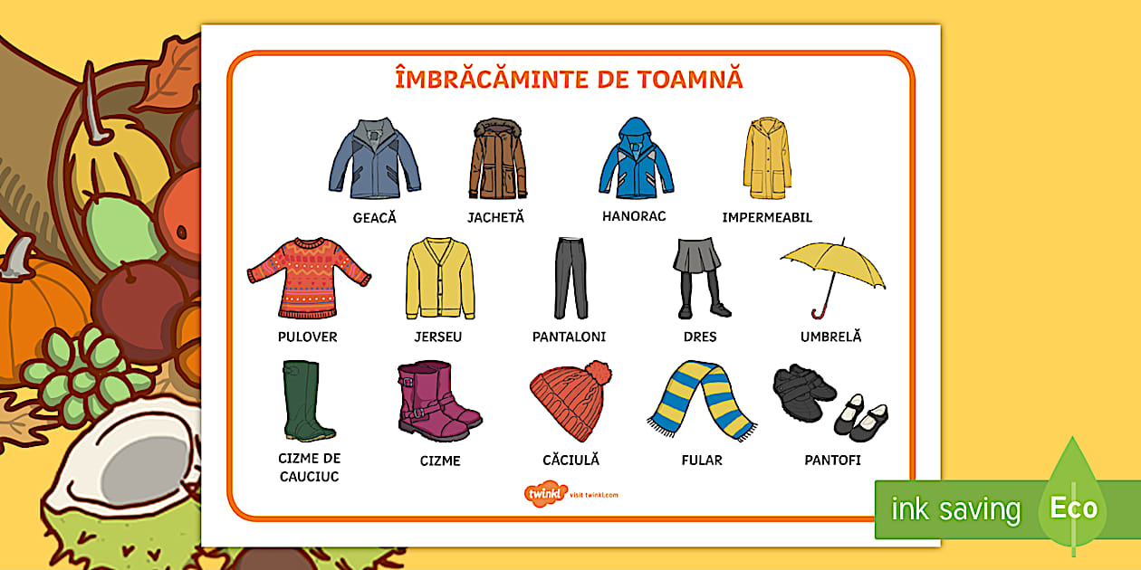 Îmbrăcăminte de toamnă Planșă cu vocabular