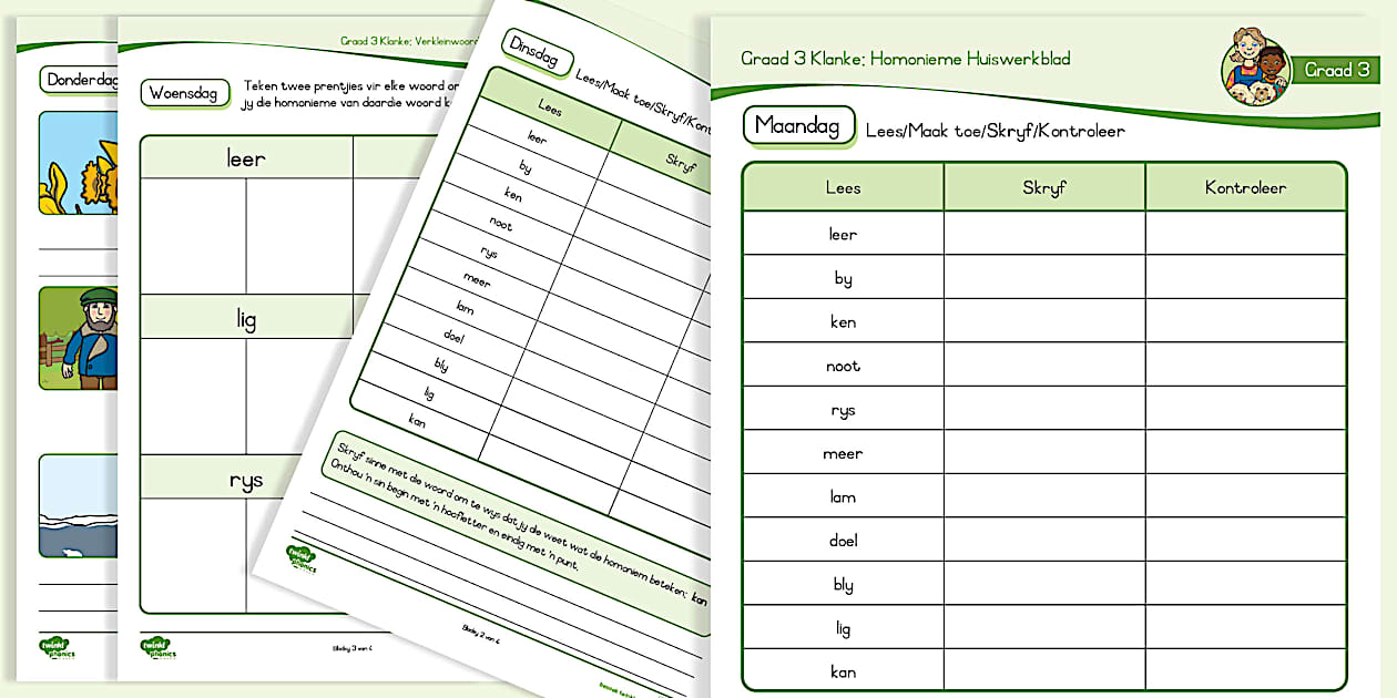 Graad 3 Klanke Huiswerkblad Homonieme - Twinkl