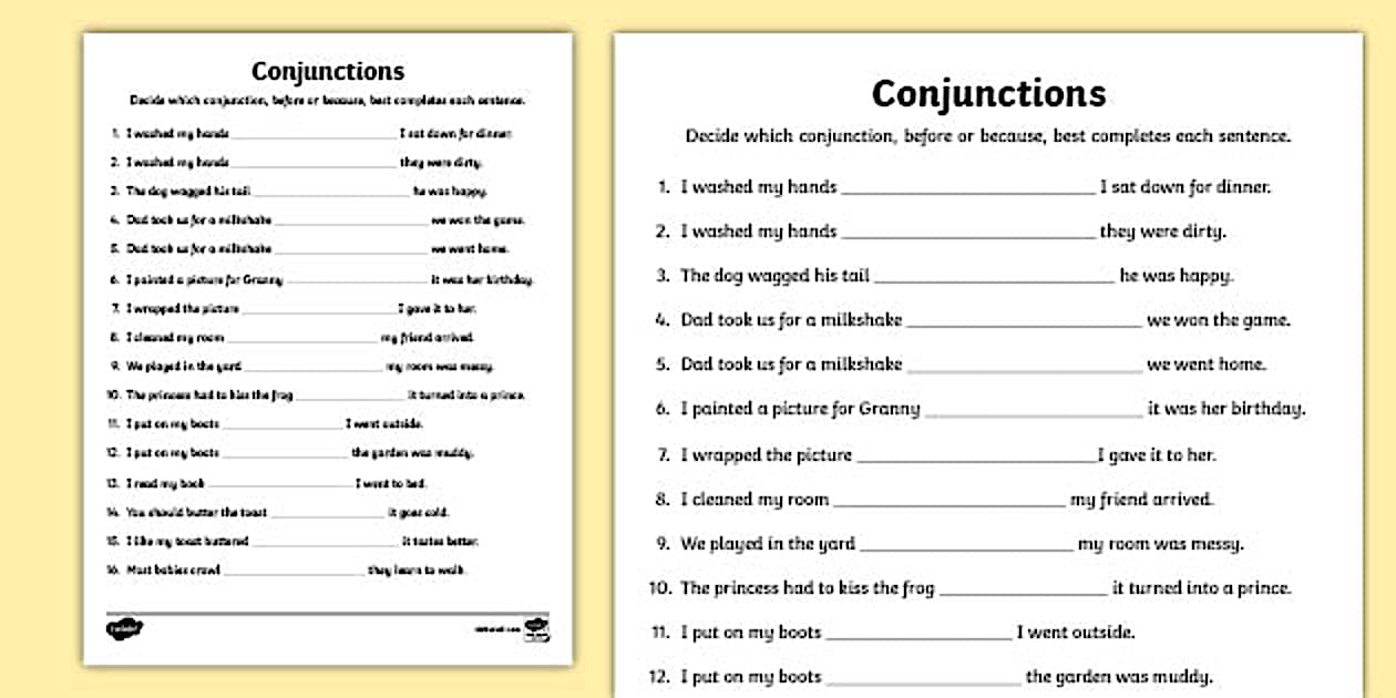 Before and Because Conjunctions Worksheet (teacher made)