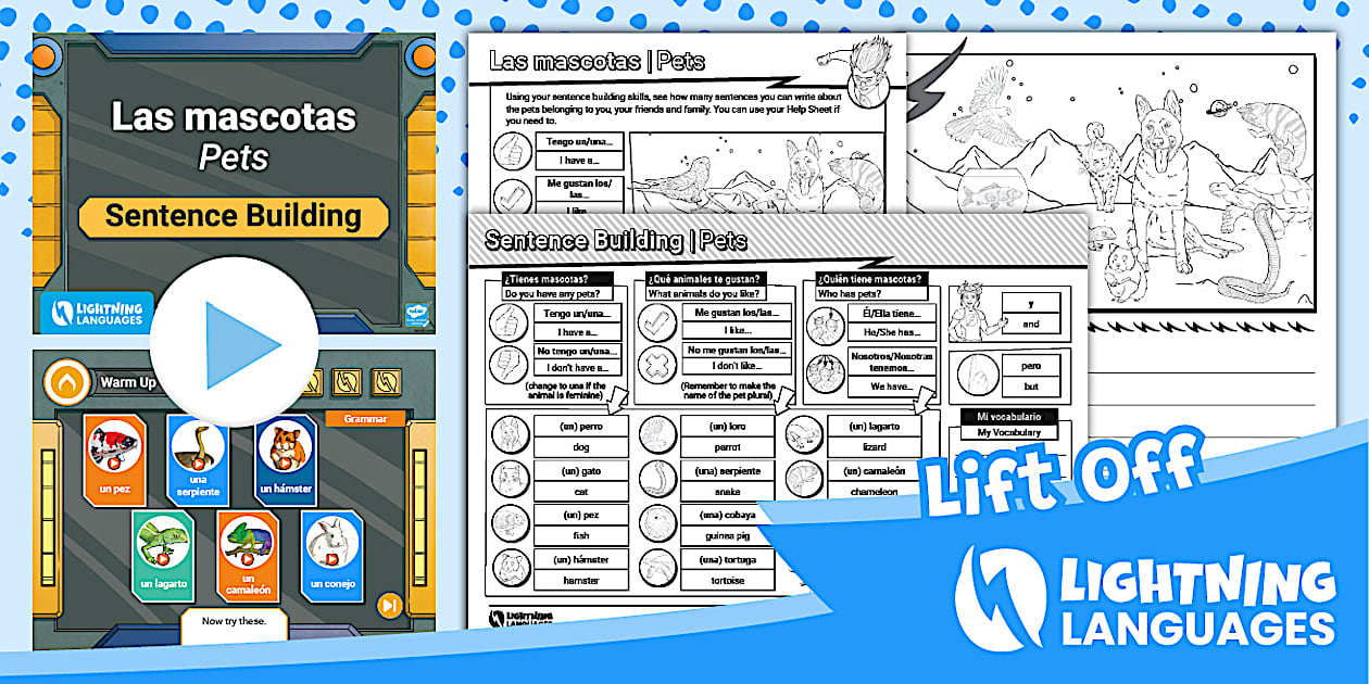 👉 Lightning Languages | Spanish | Lift Off | Pets Sentence Building Pack