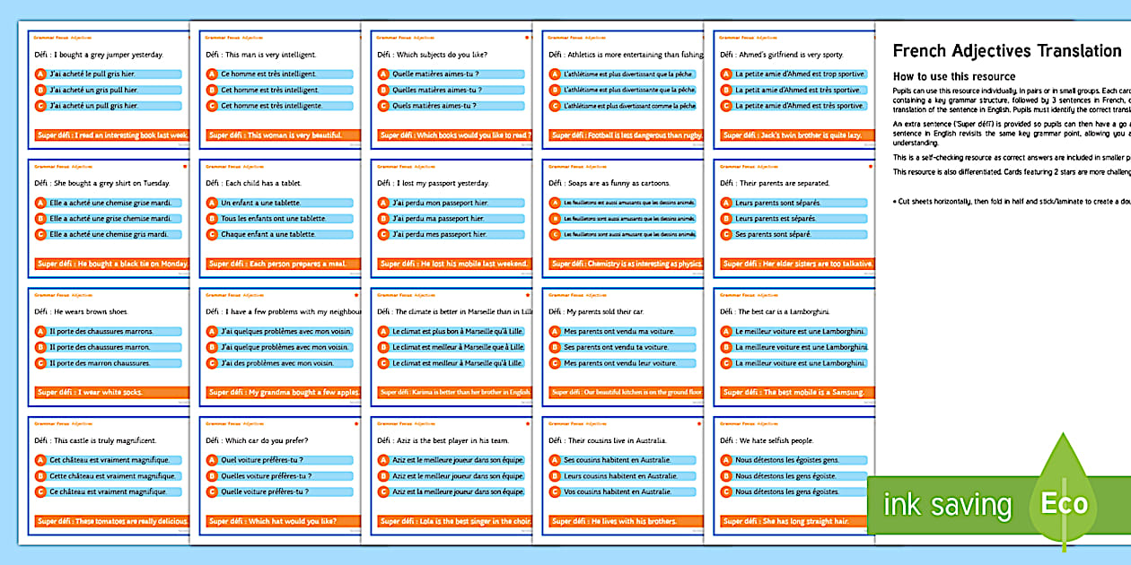 Adjectives Translation Challenge Cards French