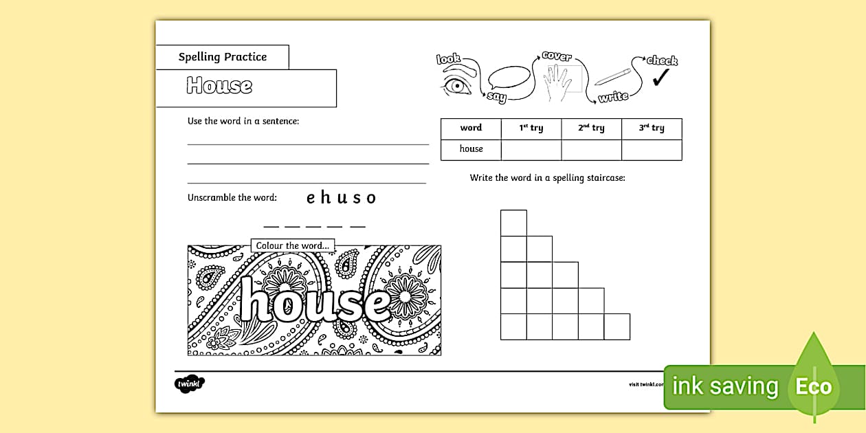 House Spelling Practice Worksheet (Teacher-Made) - Twinkl