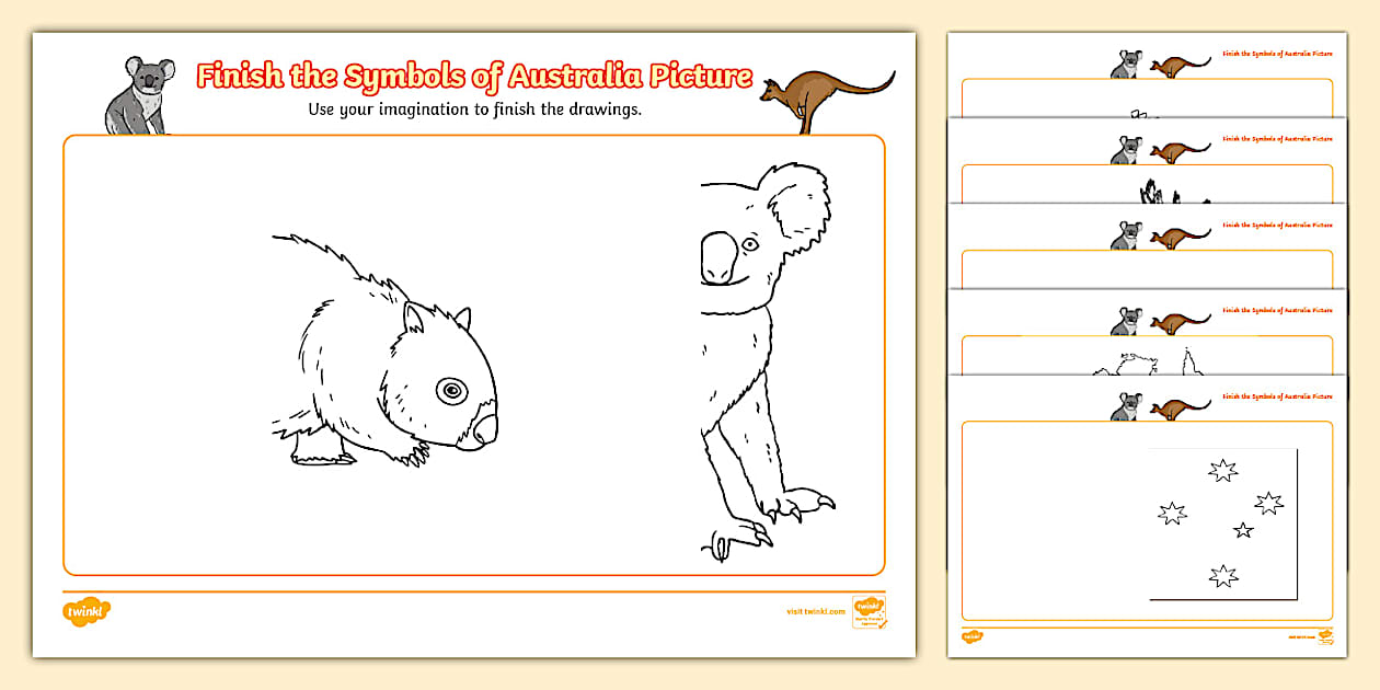 Finish the Symbols of Australia Picture Worksheet - Twinkl