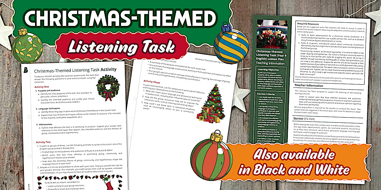 Christmas-Themed Listening Task (Year 9 English) Lesson Pack
