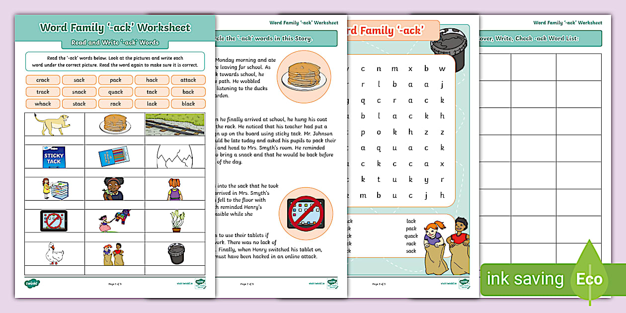 Word Family '-ack' Work Sheets (Teacher-Made) - Twinkl