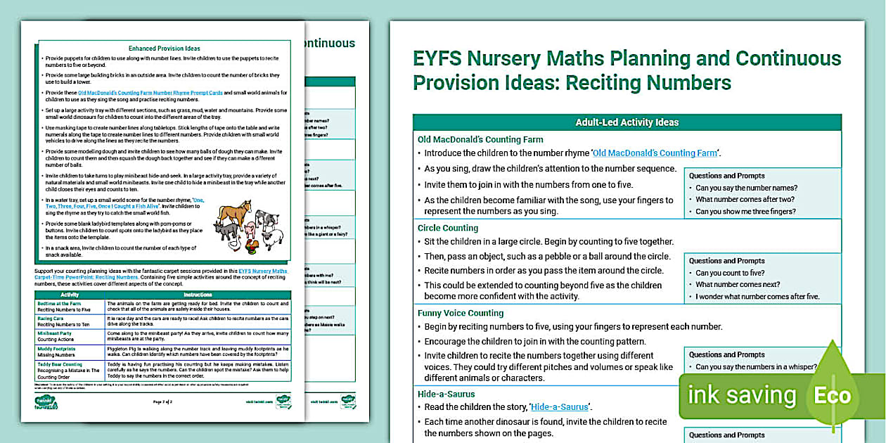 EYFS Nursery Maths Planning Ideas Reciting Numbers | Twinkl