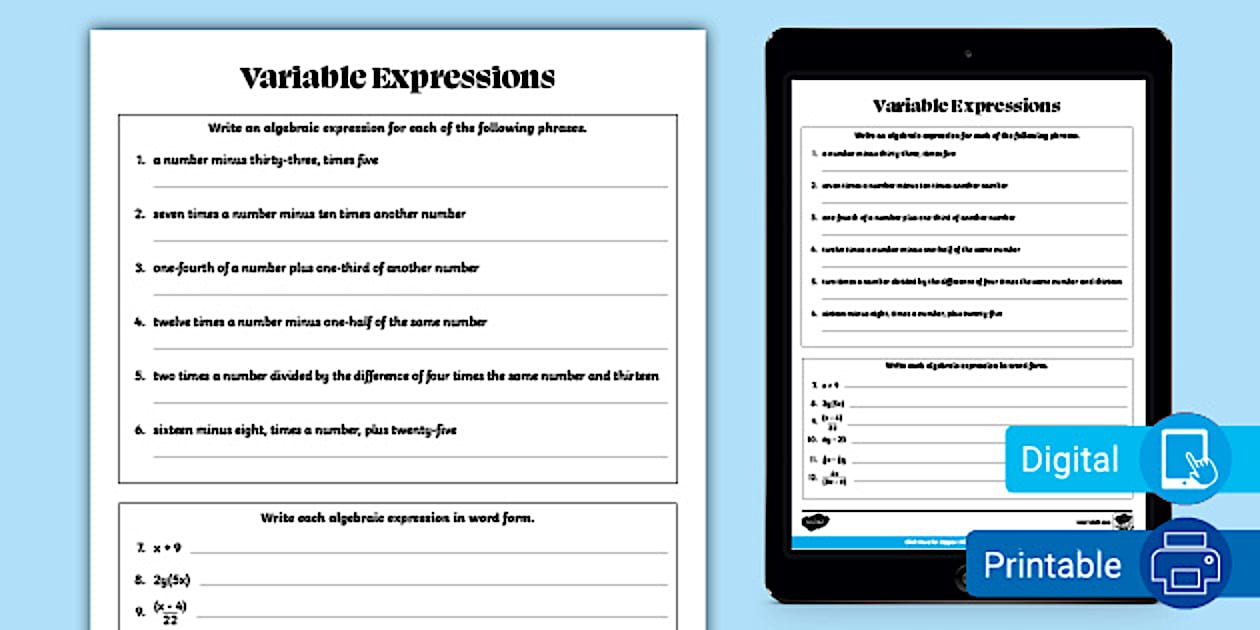 Sixth Grade Variable Expressions Math Worksheet - Twinkl