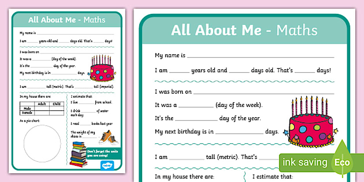 Black and White All About Me Maths Display Poster Worksheet Year 5-6